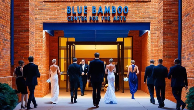 Entrance to Blue Bamboo Center for the Arts at night. Brick building ...